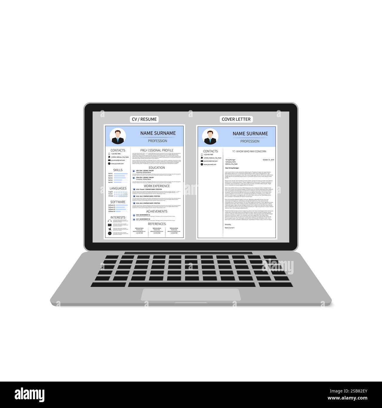 Resume template on laptop screen. Male CV and cover letter ...