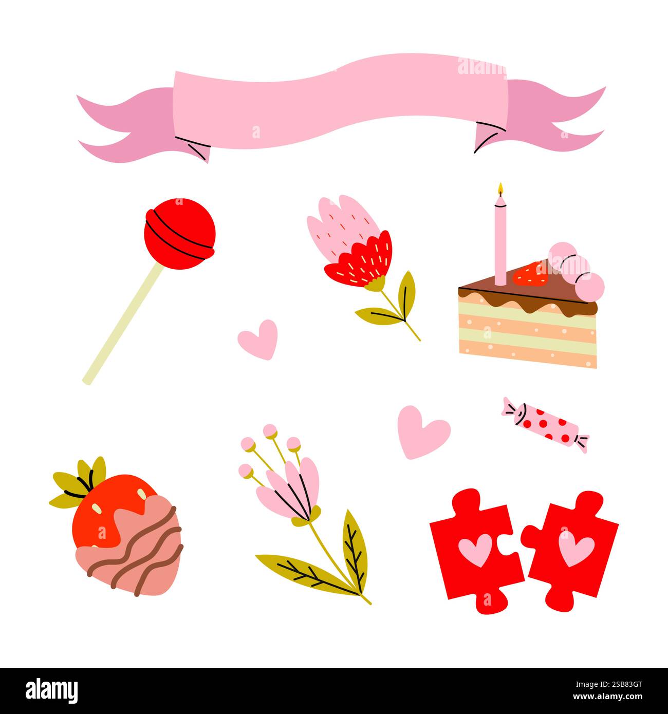 Colorful illustration of party elements featuring desserts, flowers ...
