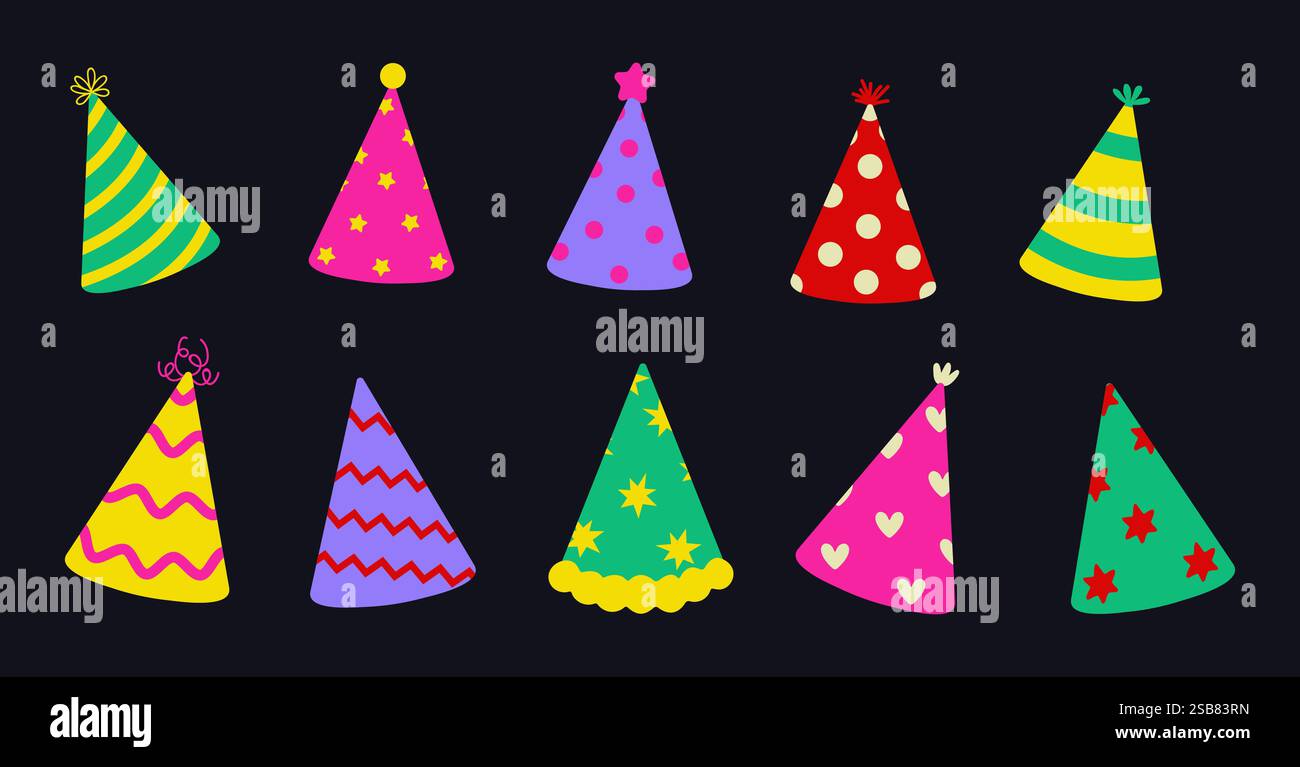 Colorful party hats arranged in a creative display for festive ...