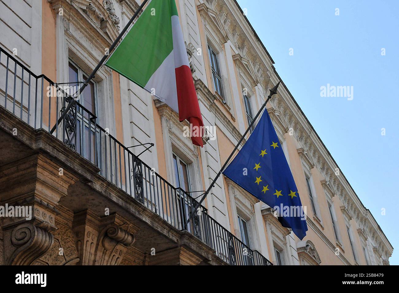 Rome / Italy 19.July 2019/ European union flag fy log with Itaæian flag ...