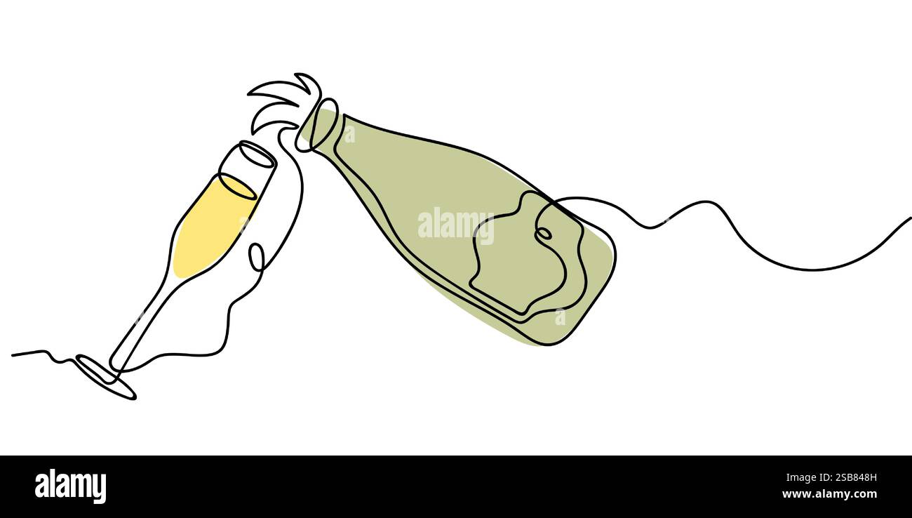 Celebratory toast with a glass and a bottle of sparkling beverage in a ...