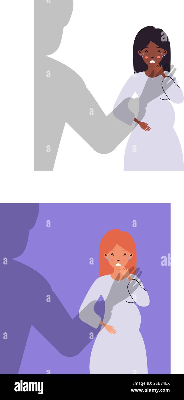 A startled woman reacts to a shadow approaching her from behind in a ...