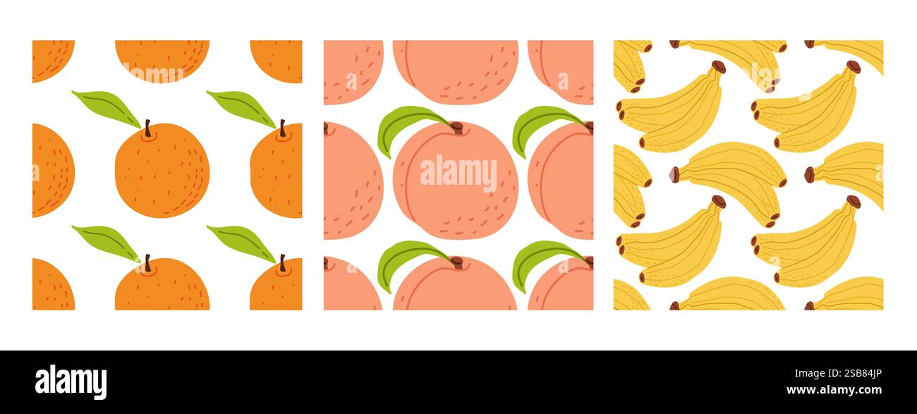 Colorful fruit patterns featuring oranges, peaches, and bananas in a ...