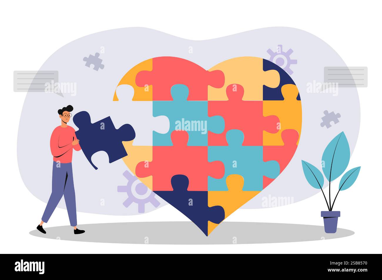 Creative individual adding a puzzle piece to a colorful heart shape in ...