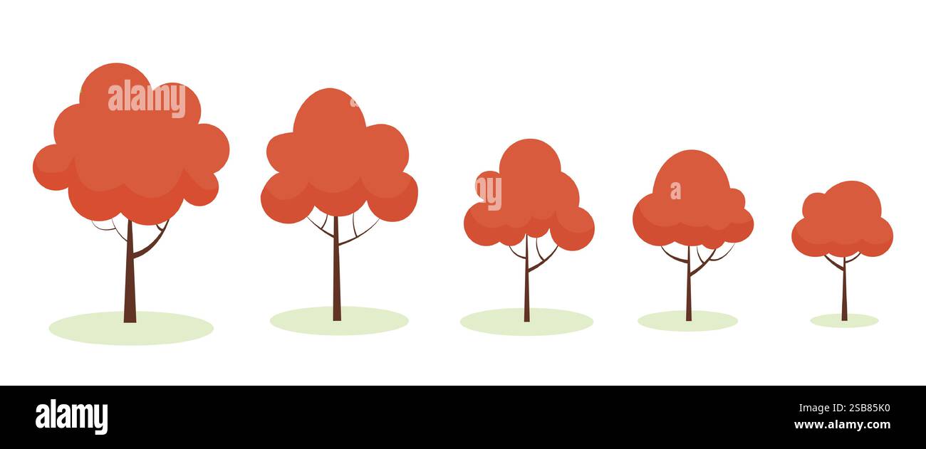 A row of colorful red trees in various sizes on a white background ...