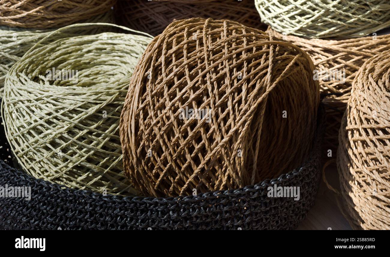 EKO Raffia skeins are ready for knitting. Raffia balls close-up Stock ...