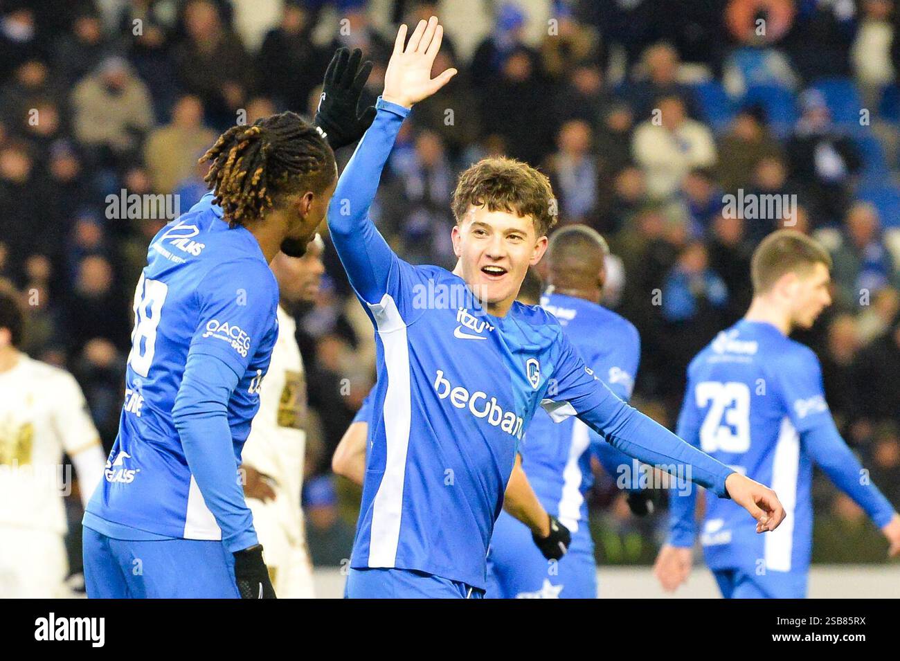Genk's Joris Kayembe celebrates after scoring during a soccer game ...