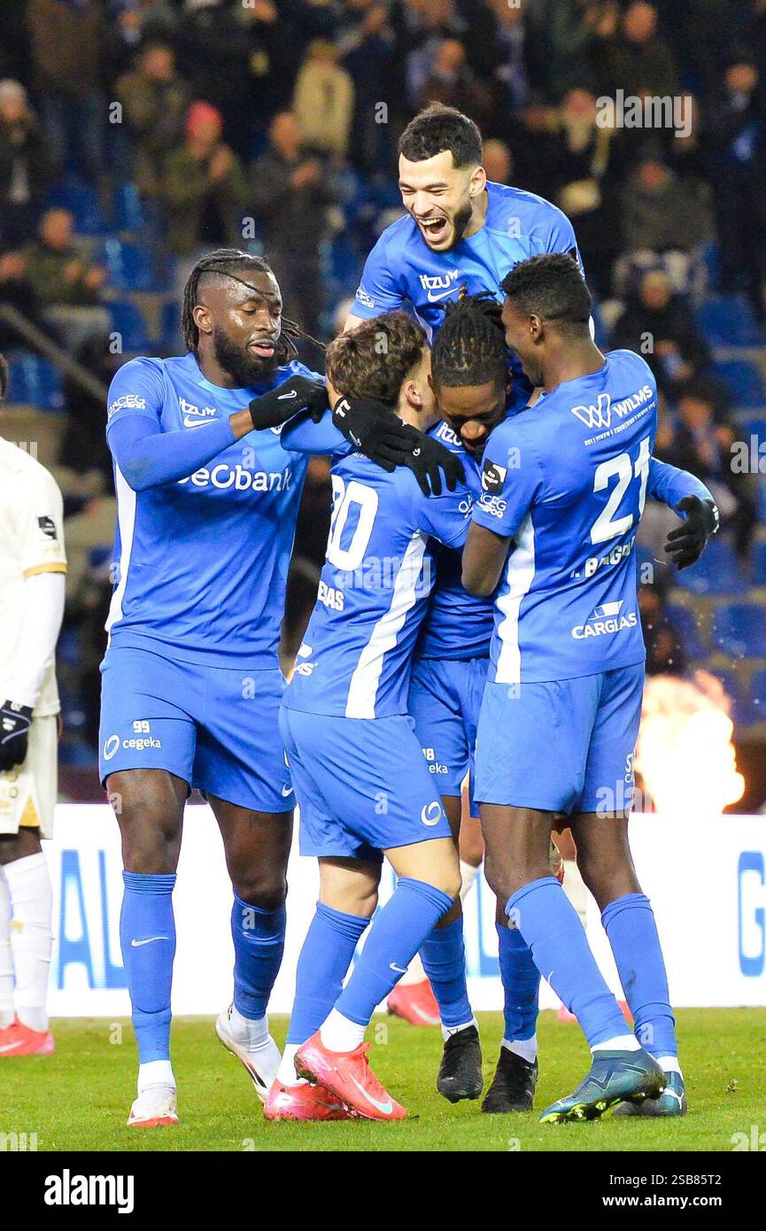 Genk's Joris Kayembe celebrates after scoring during a soccer game ...