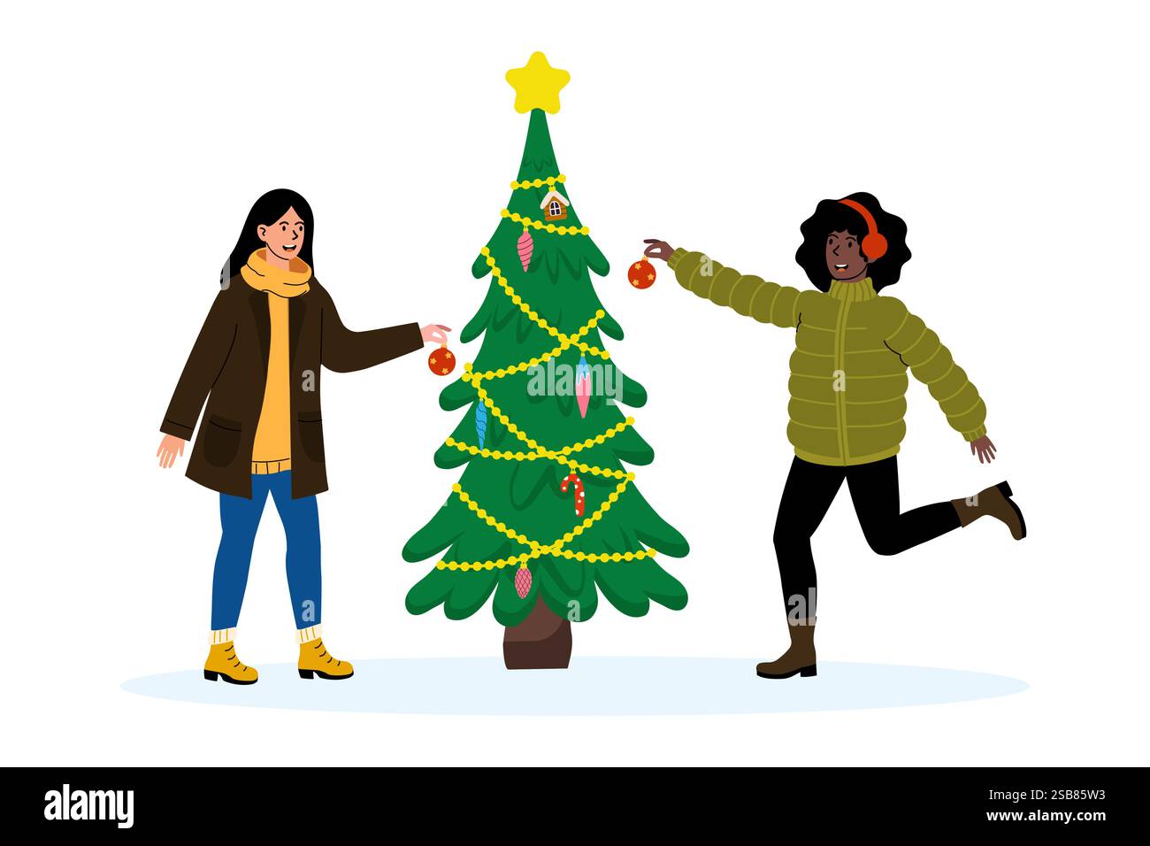 Friends decorate a Christmas tree together in a festive celebration ...