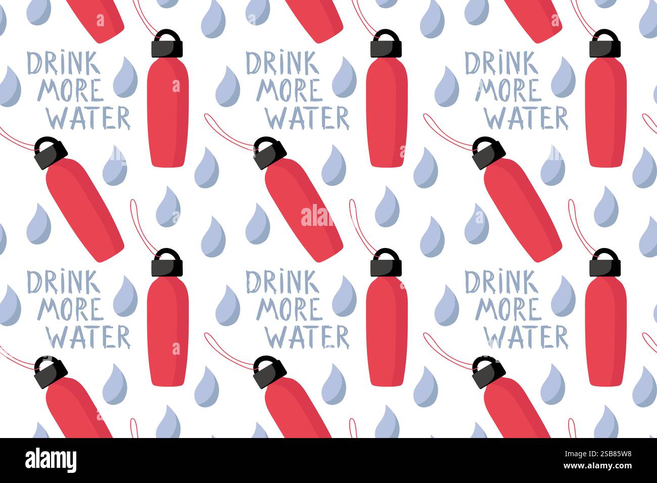 Colorful pattern encouraging hydration with red water bottles and blue ...
