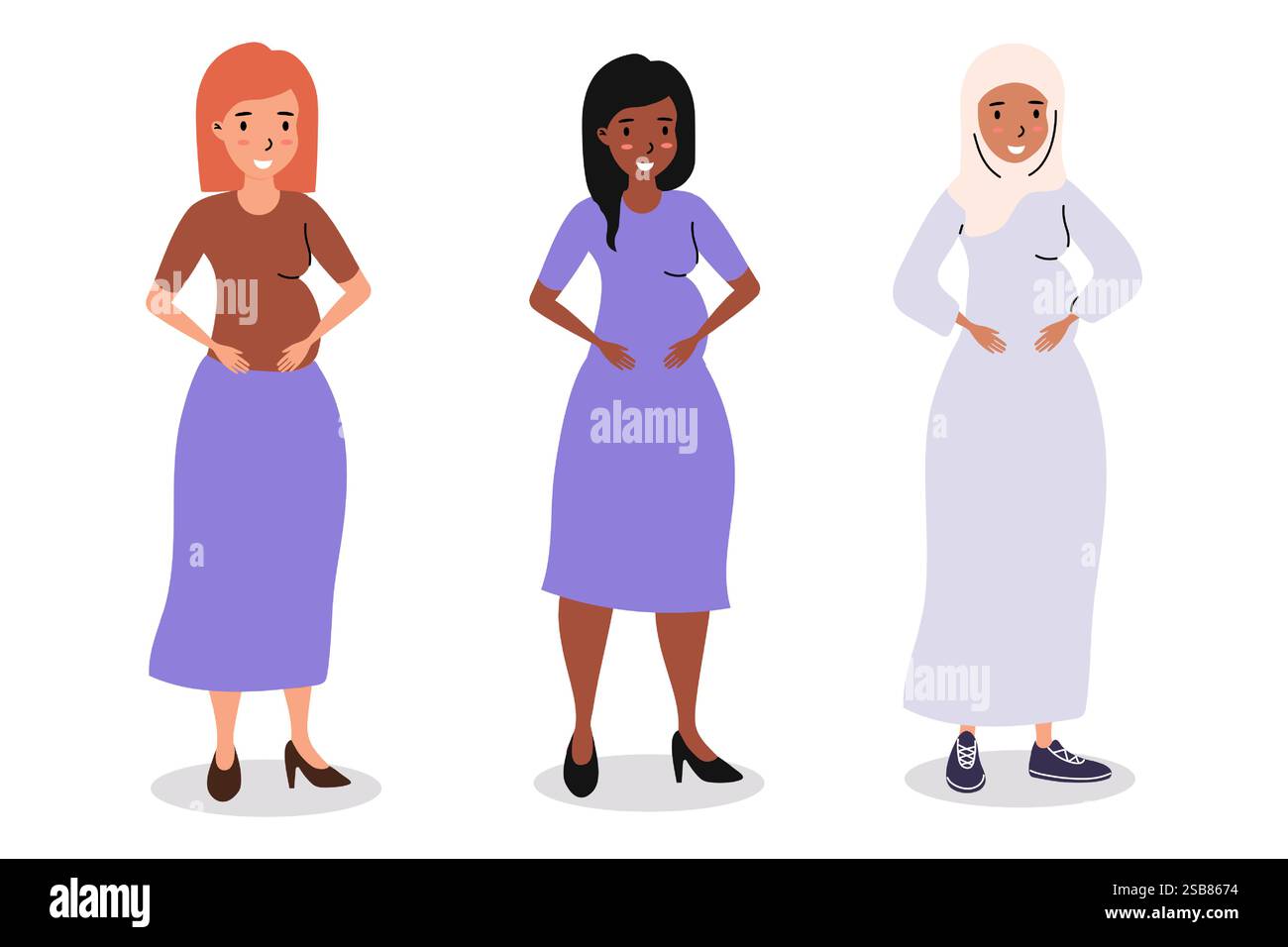 Diverse women in modest attire standing together smiling and sharing a ...