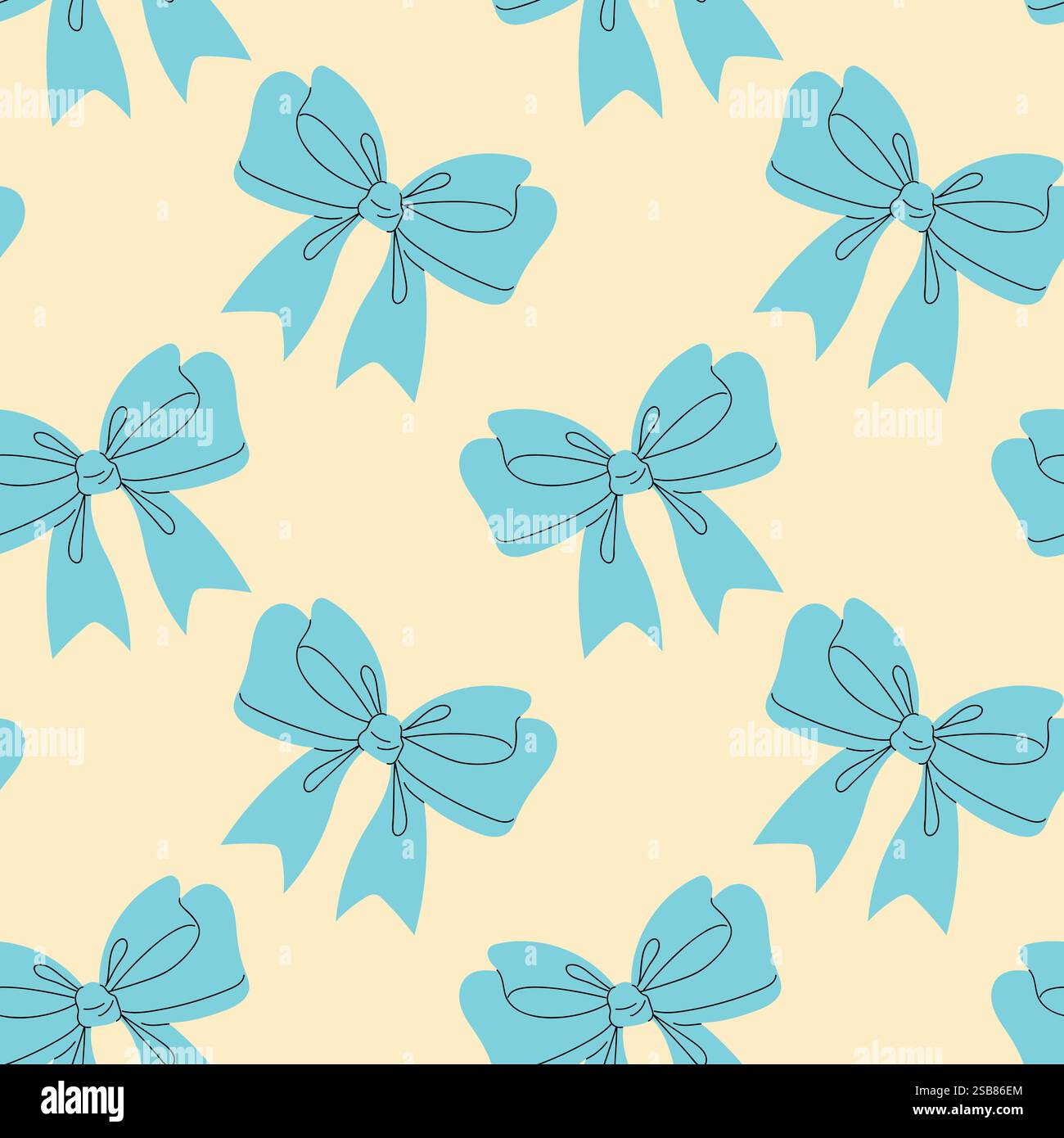 Blue bows are arranged in a repeating pattern on a light yellow ...