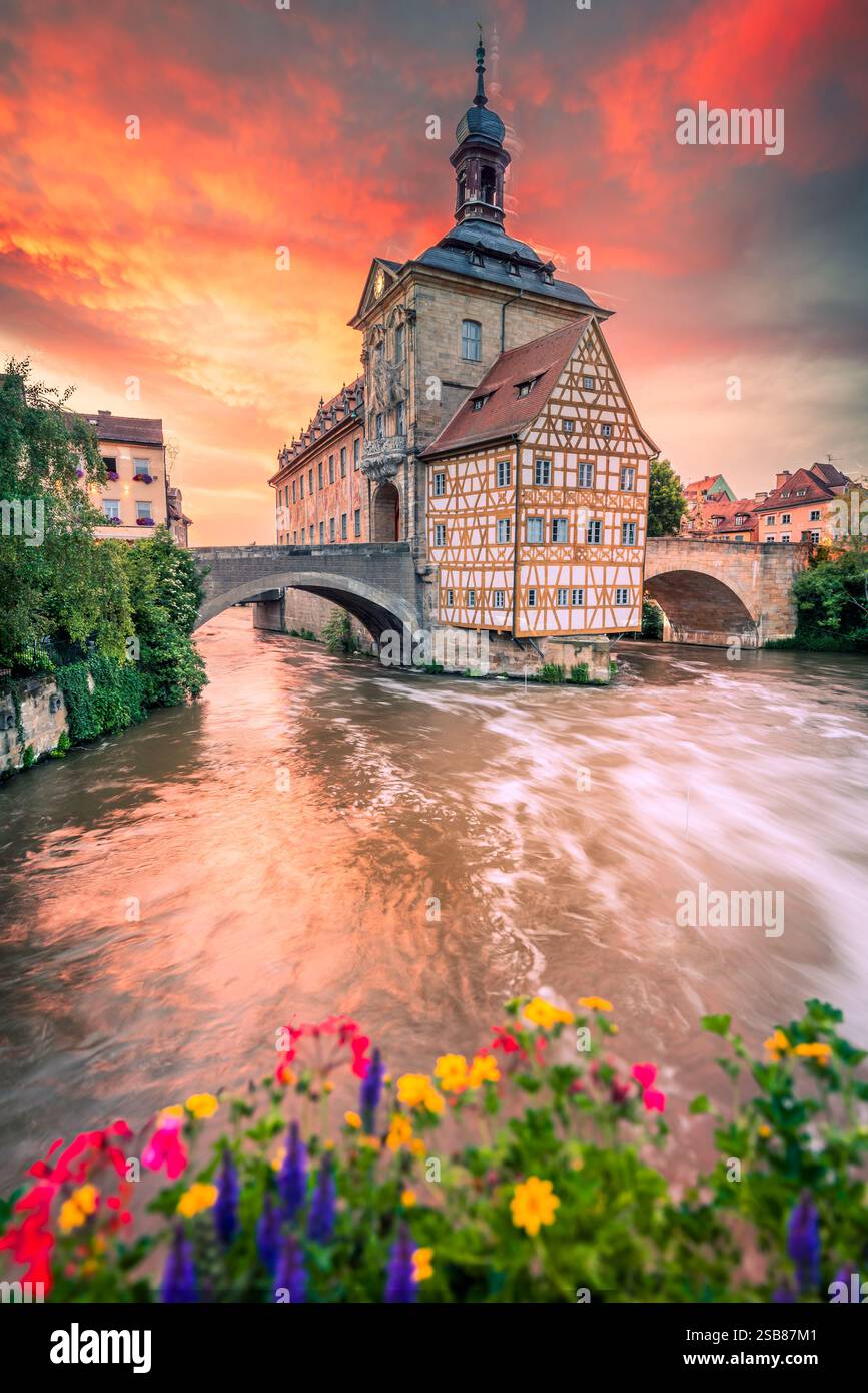 Bamberg, Germany. Warm colors sunset over medieval downtown, vibrant ...