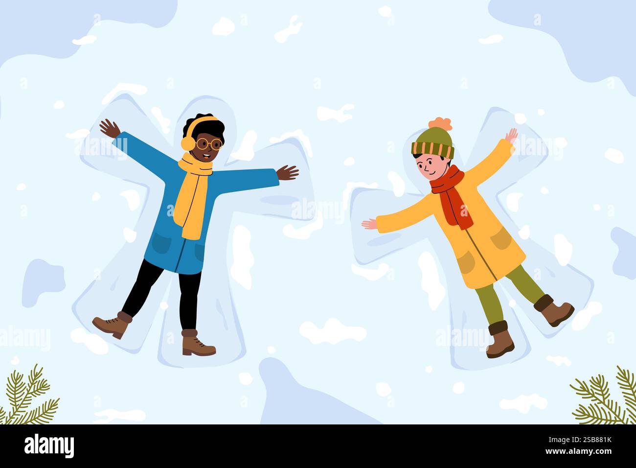 Children making snow angels during winter fun in a snowy outdoor ...