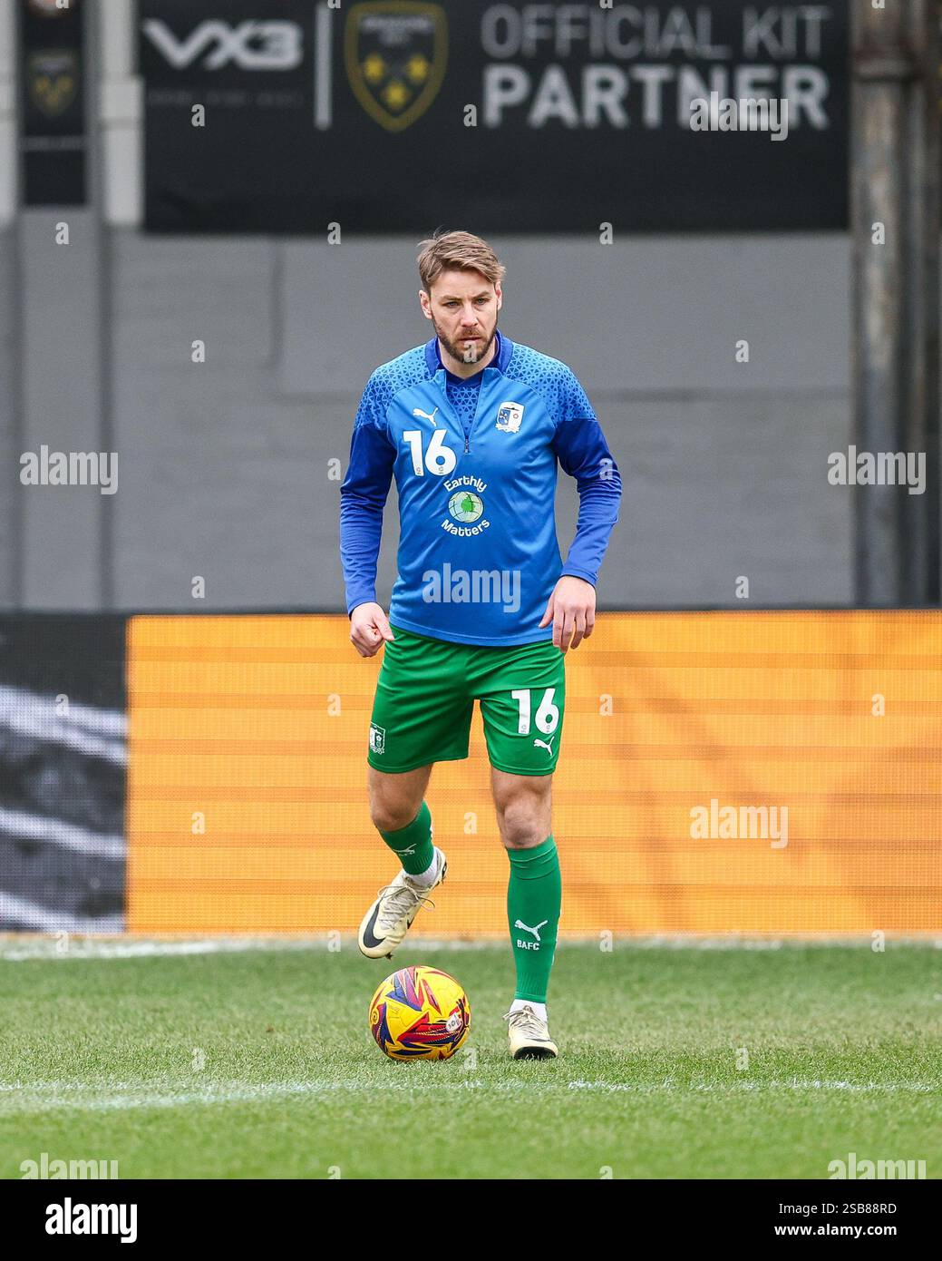 Newport, UK. 1st Feb 2025. #16, Sam Foley of Barrow AFC at warm up ...