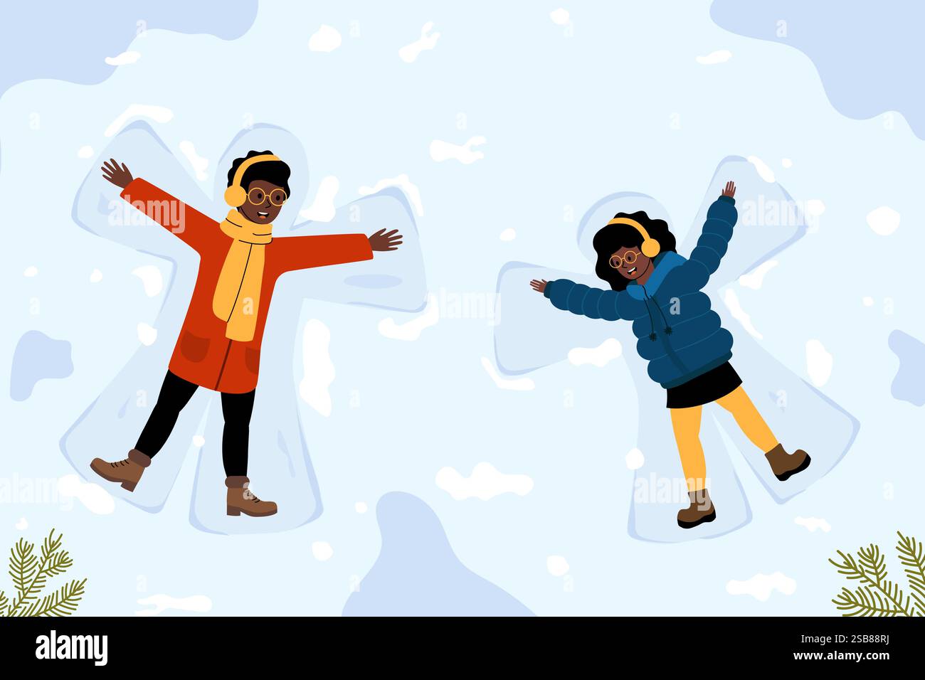 Children create snow angels in a wintry landscape while wearing ...