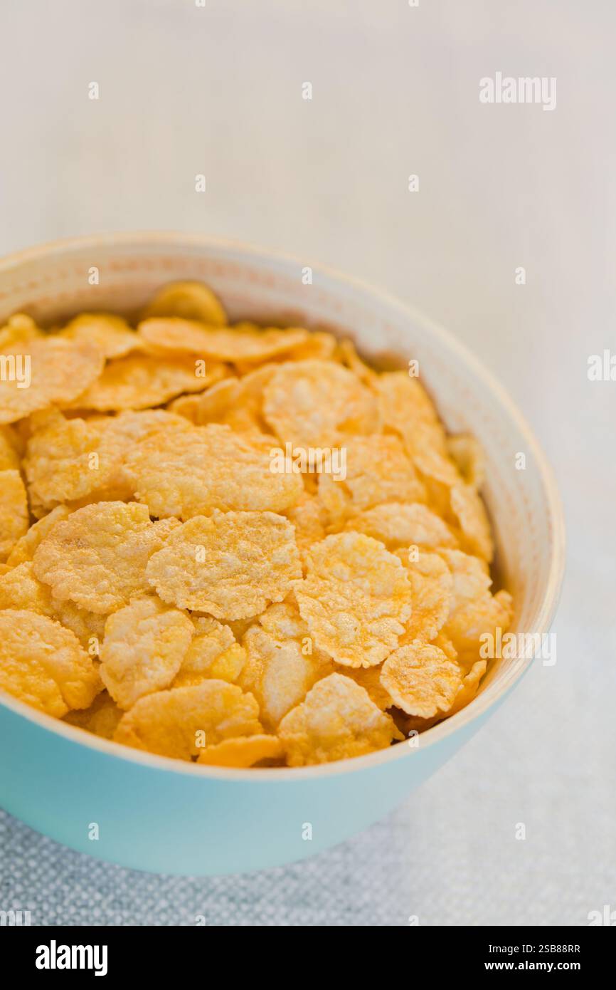 Crispy unsweetened corn flakes in blue bowl, copy space in the back ...