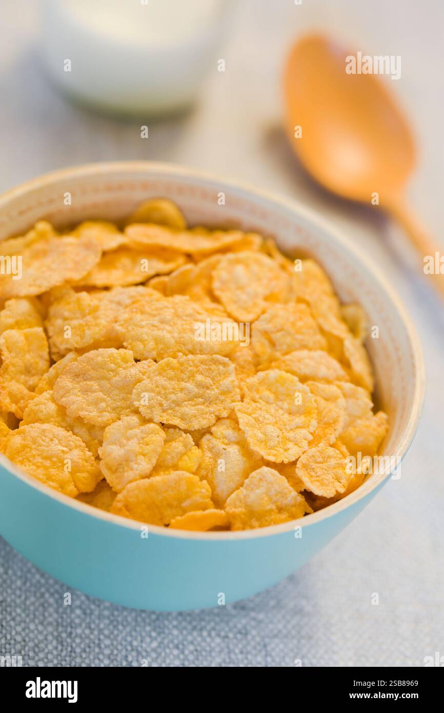 Crispy unsweetened corn flakes in blue bowl, milk and spoon in the back ...