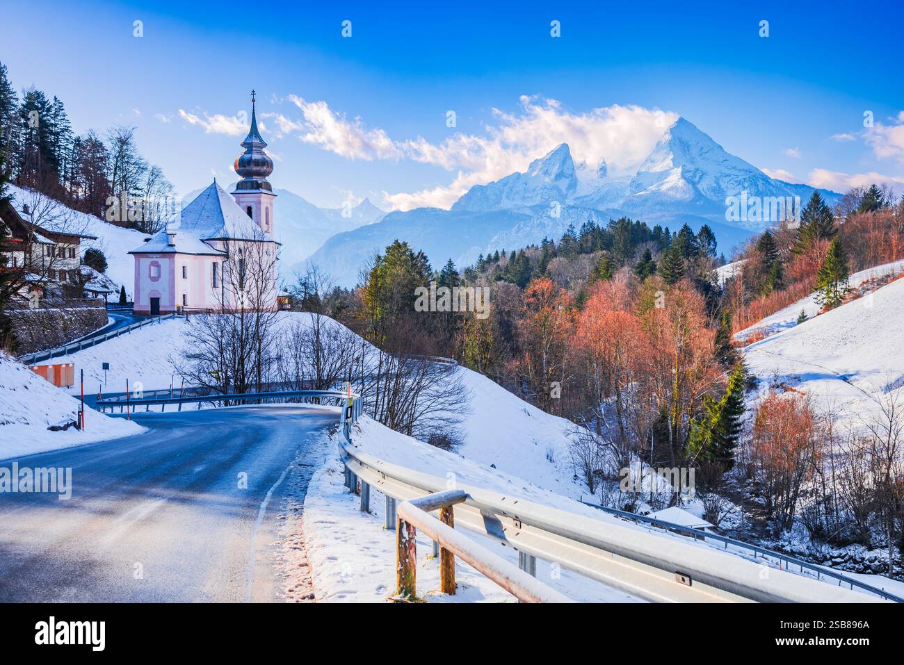 Bavaria, Germany. Winter frozen landscape with famous Maria Gern church ...