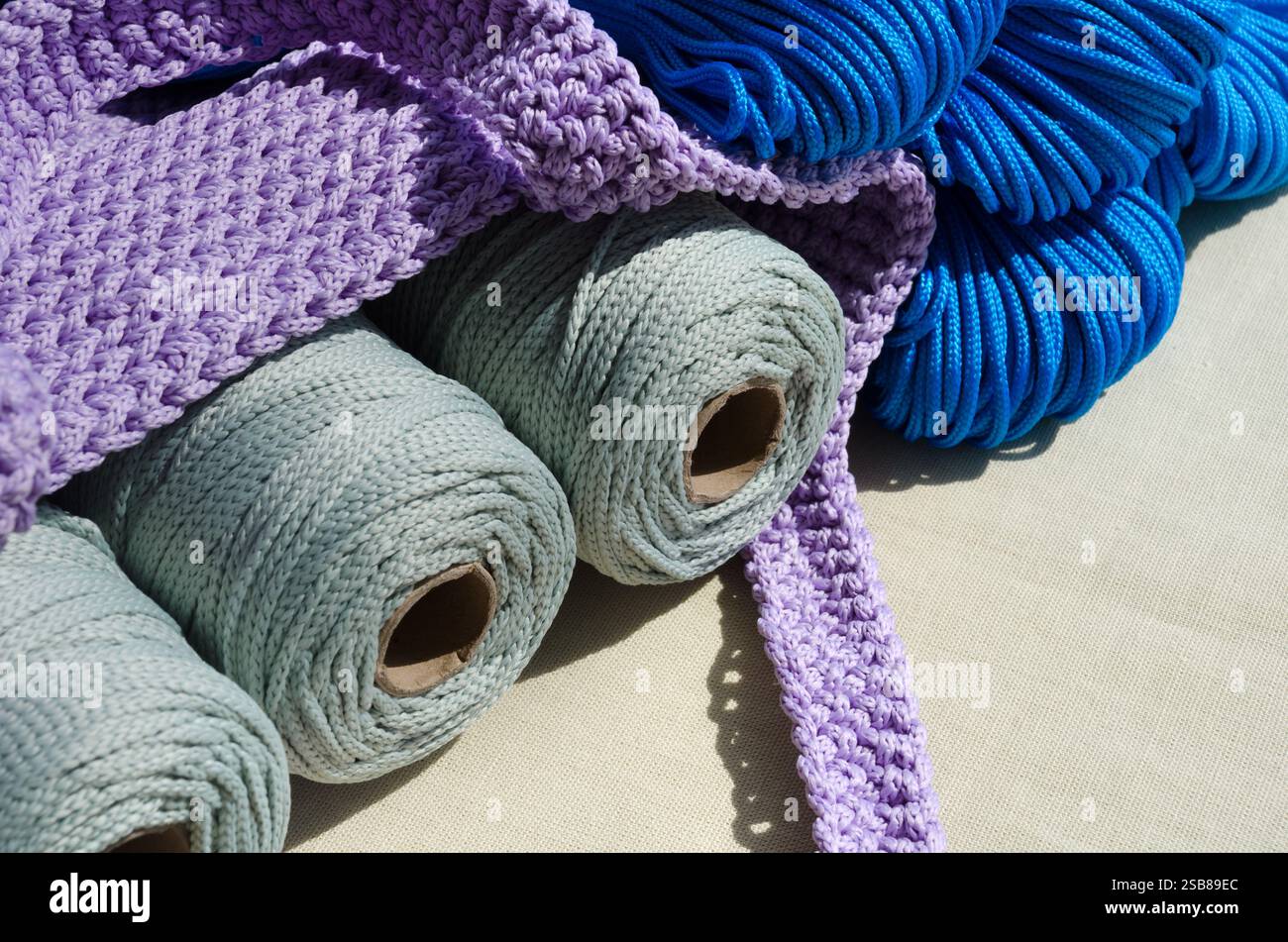 Crochet pattern using polyester cord. Bright blue cord for knitting ...