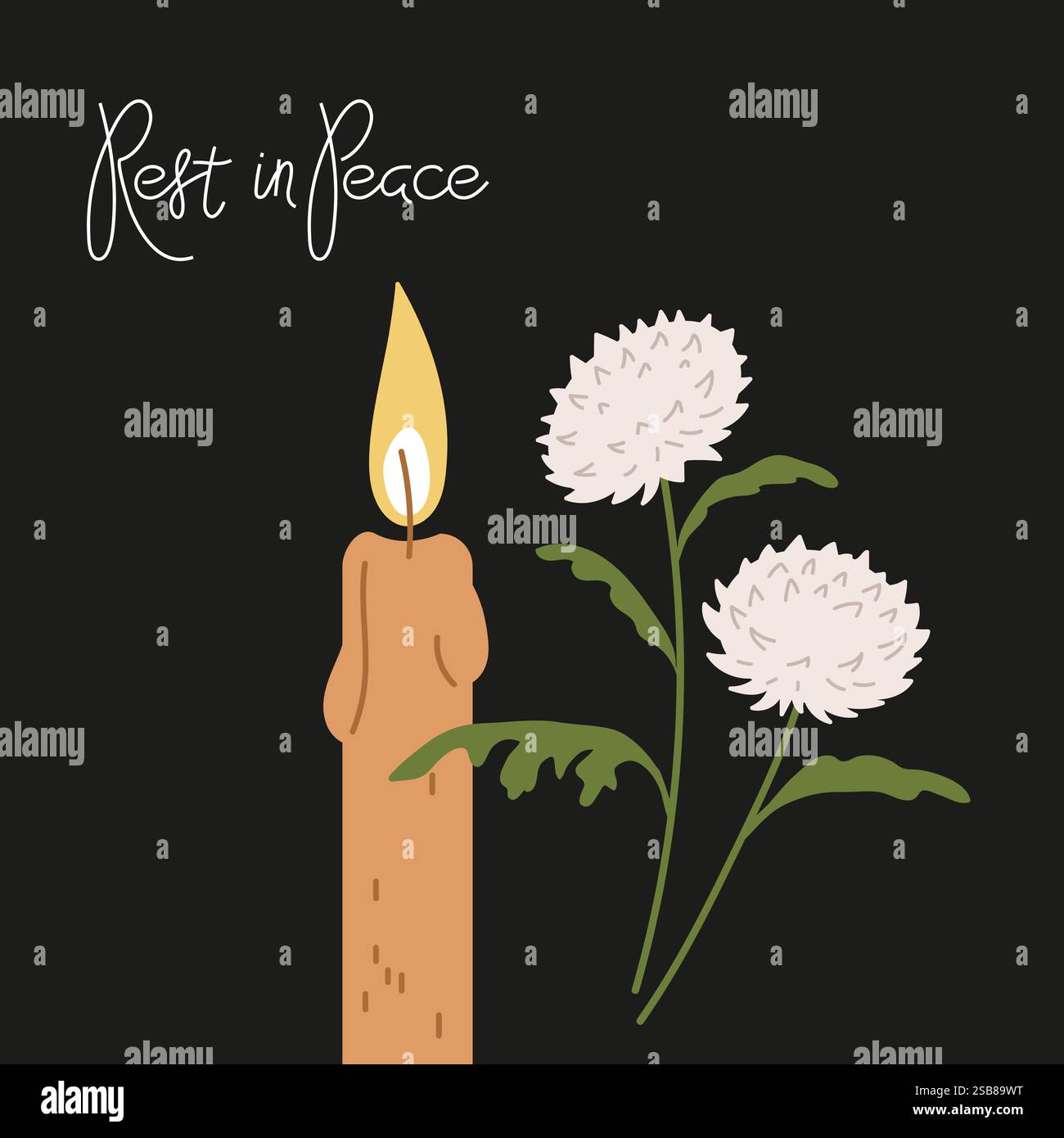 Candle and flowers with rest in peace message for remembrance and ...