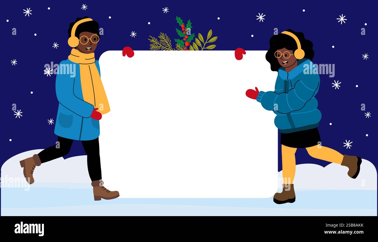 Two friends in winter attire holding a blank sign in a snowy outdoor ...