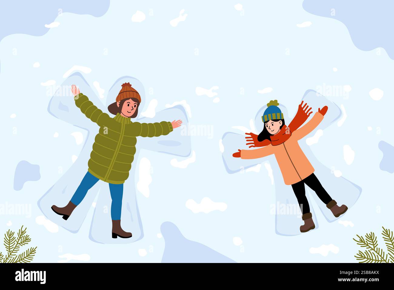 Enjoying winter fun while making snow angels in a snowy landscape Stock ...