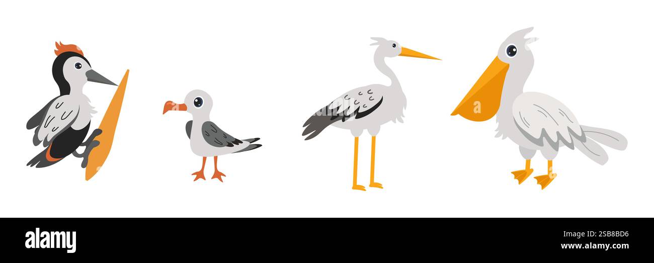 Colorful cartoon birds in various poses on a white background Stock ...