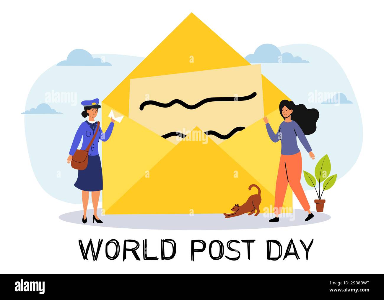 Celebrating World Post Day with a postal worker and a woman by a giant ...