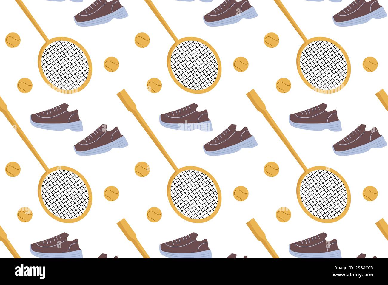 Vibrant sports gear pattern with rackets, shoes, and balls on a white ...