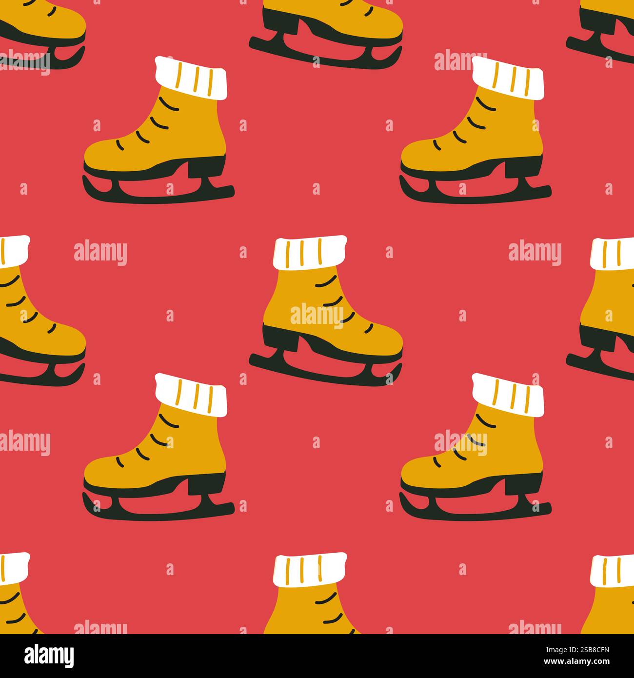 Colorful pattern of yellow ice skates on a bold red background for ...
