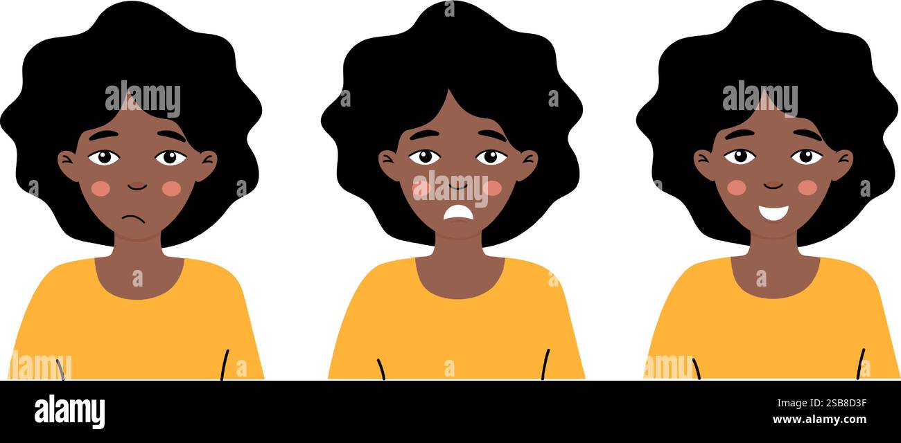 Woman expressing different emotions with changes in facial expressions and hairstyles Stock ...