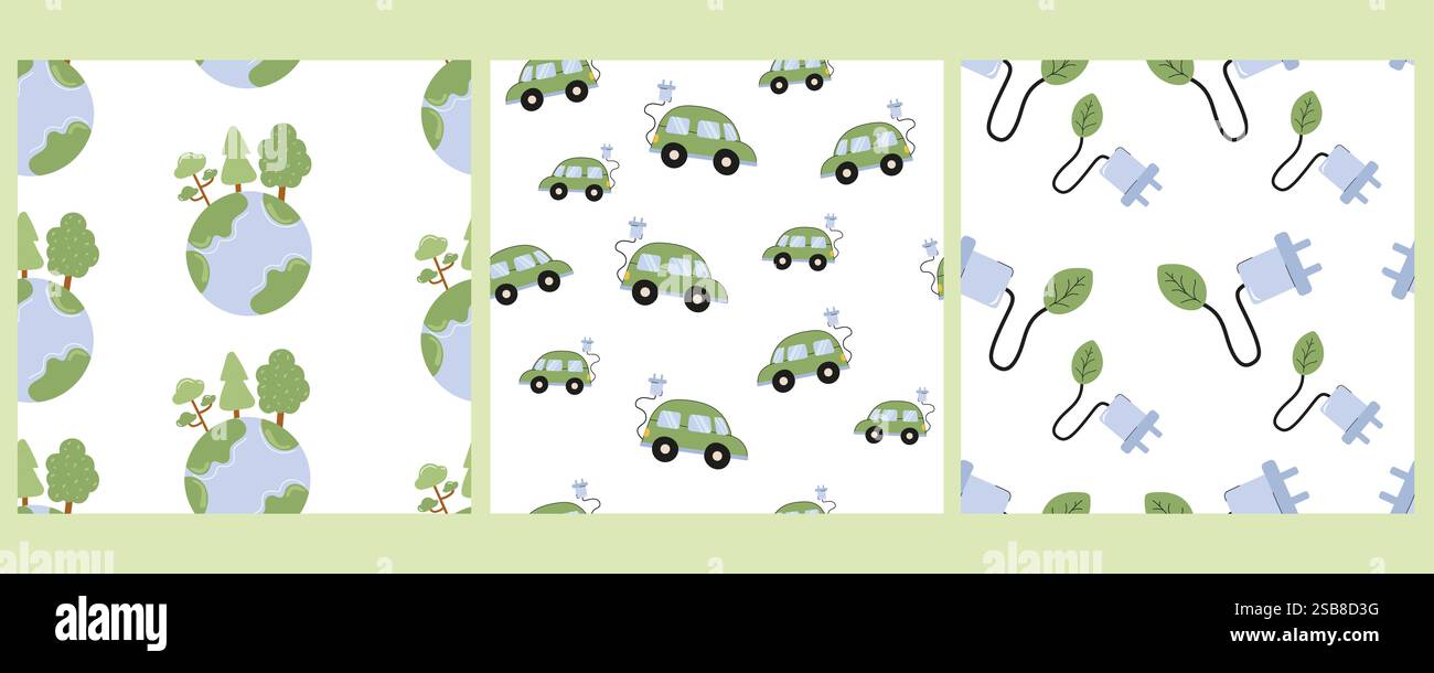 Eco-friendly patterns featuring nature, vehicles, and environmental ...