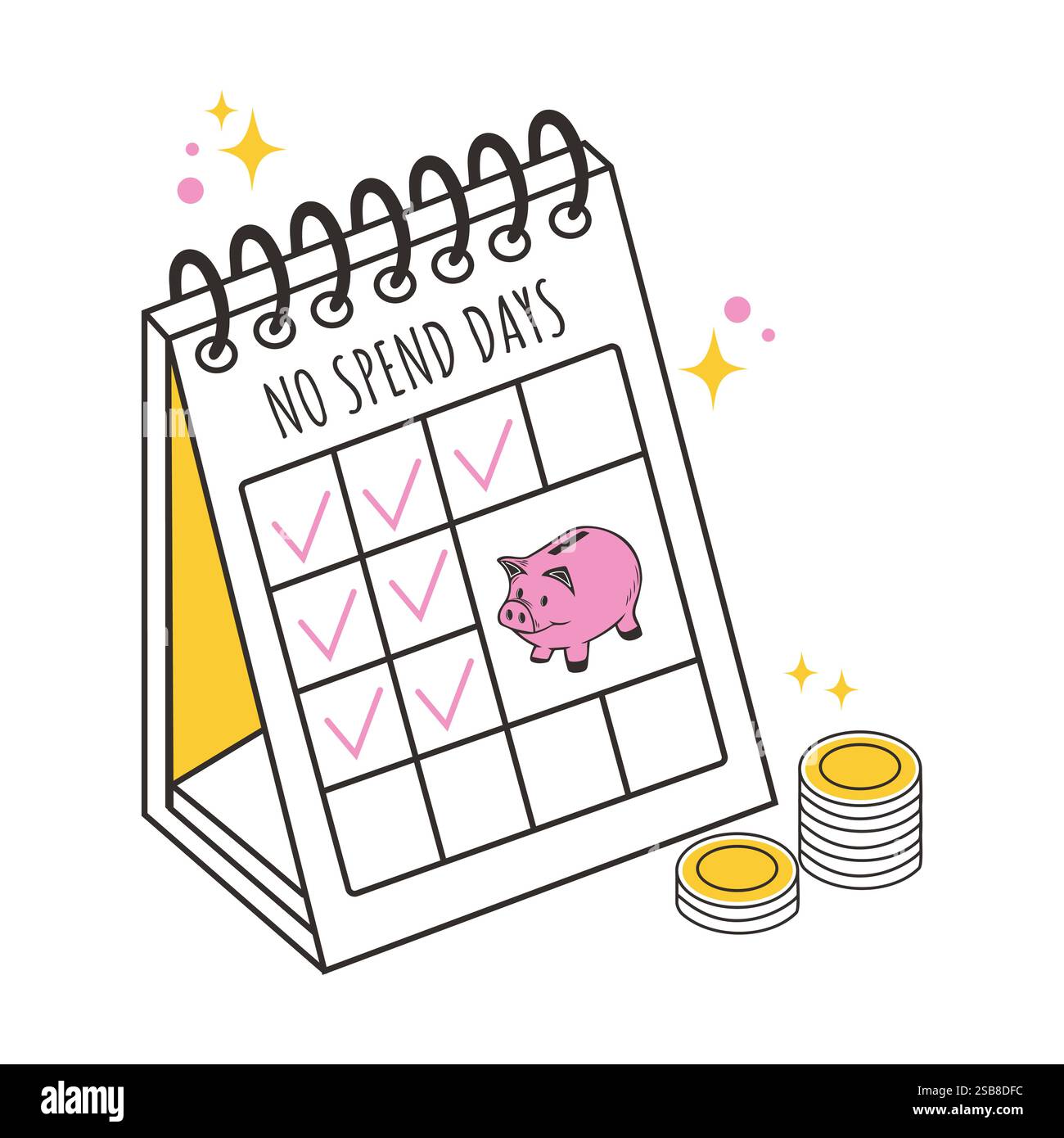Hand drawn calendar with a cute piggy bank and coins. Vector design of ...