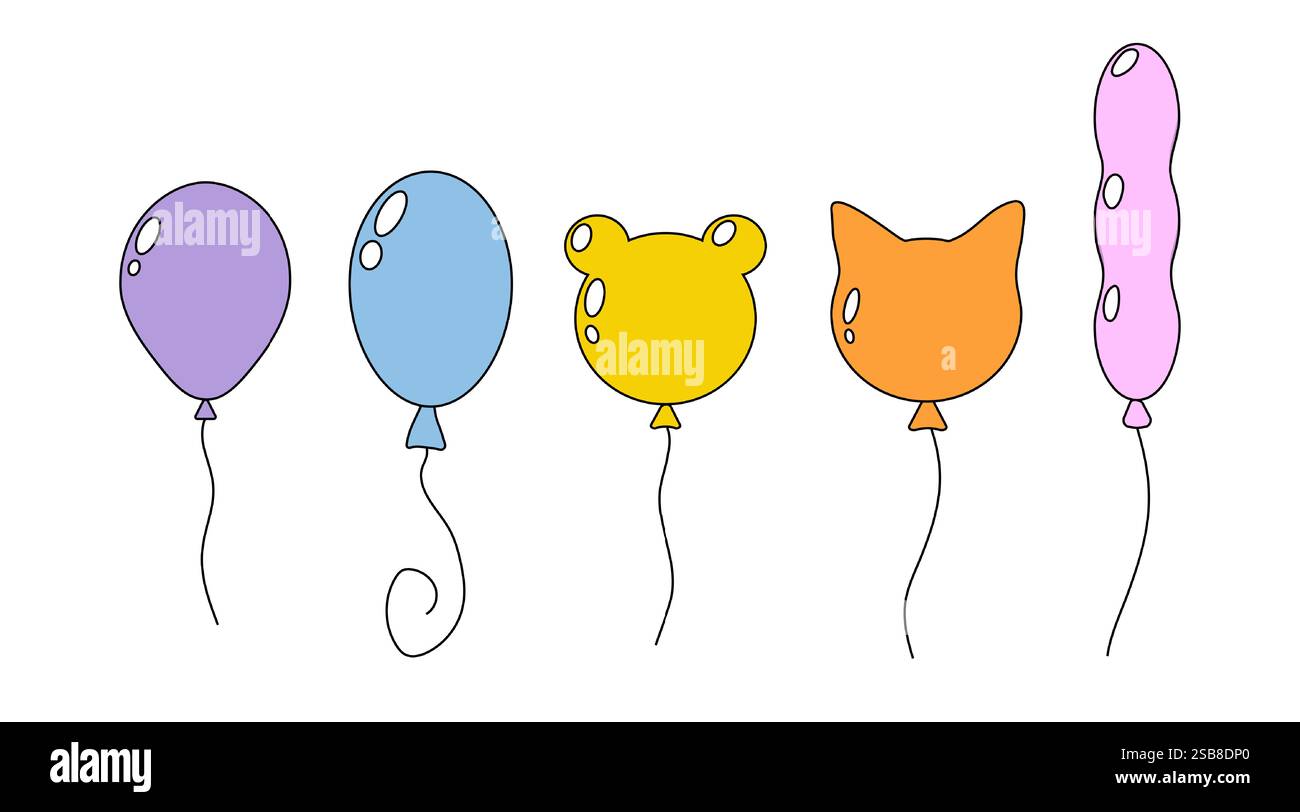 Colorful cartoon balloons shaped like animals and objects for a festive ...