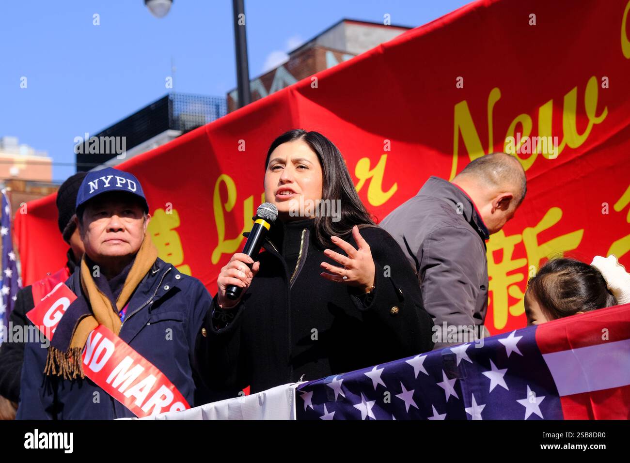 Queens, New York, USA. 1st Feb, 2025. Jessica Ramos speaks to a crowd ...