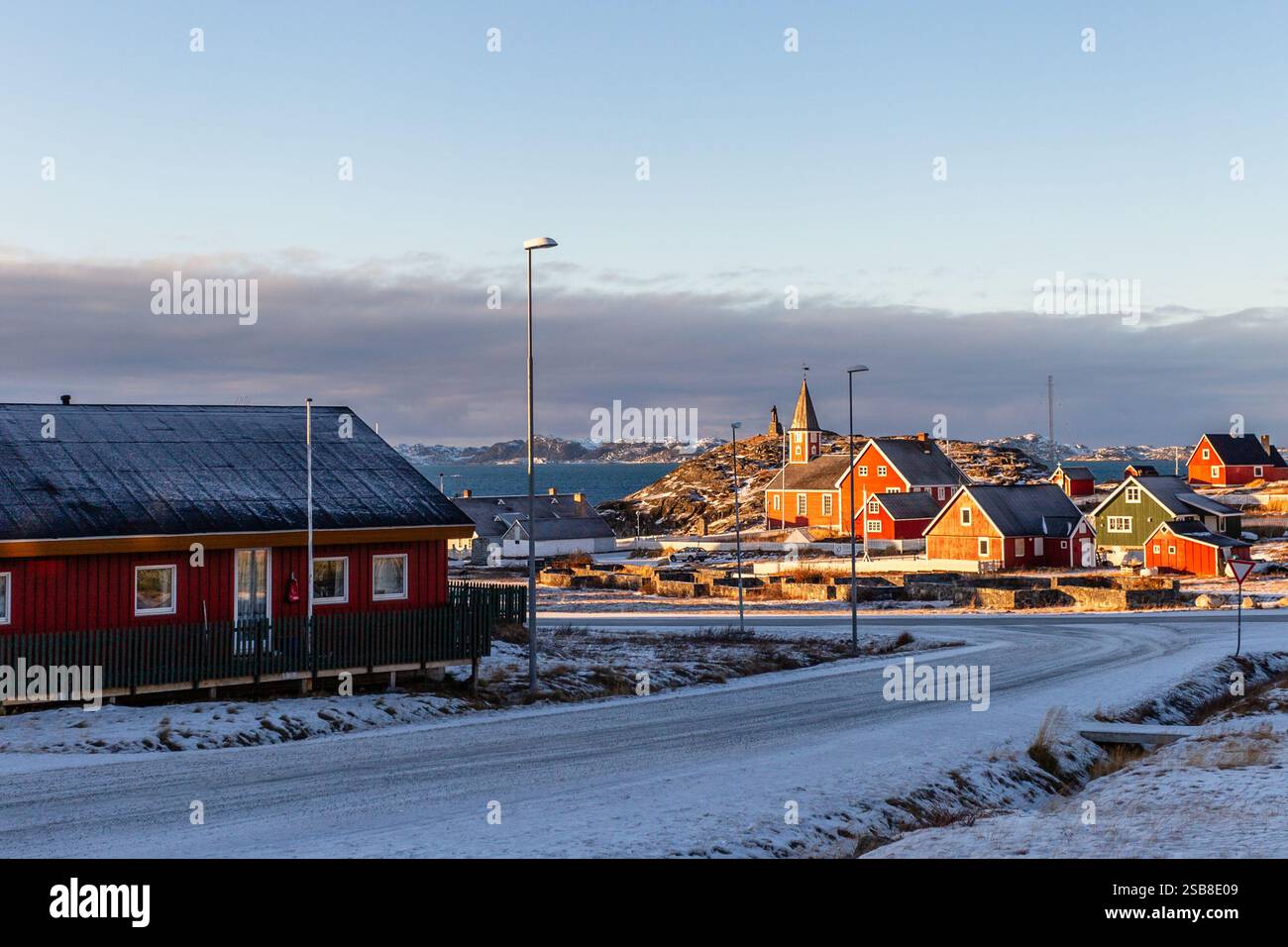 Nuuk city suburb panorama with Inuit houses with sea and the fjord ...