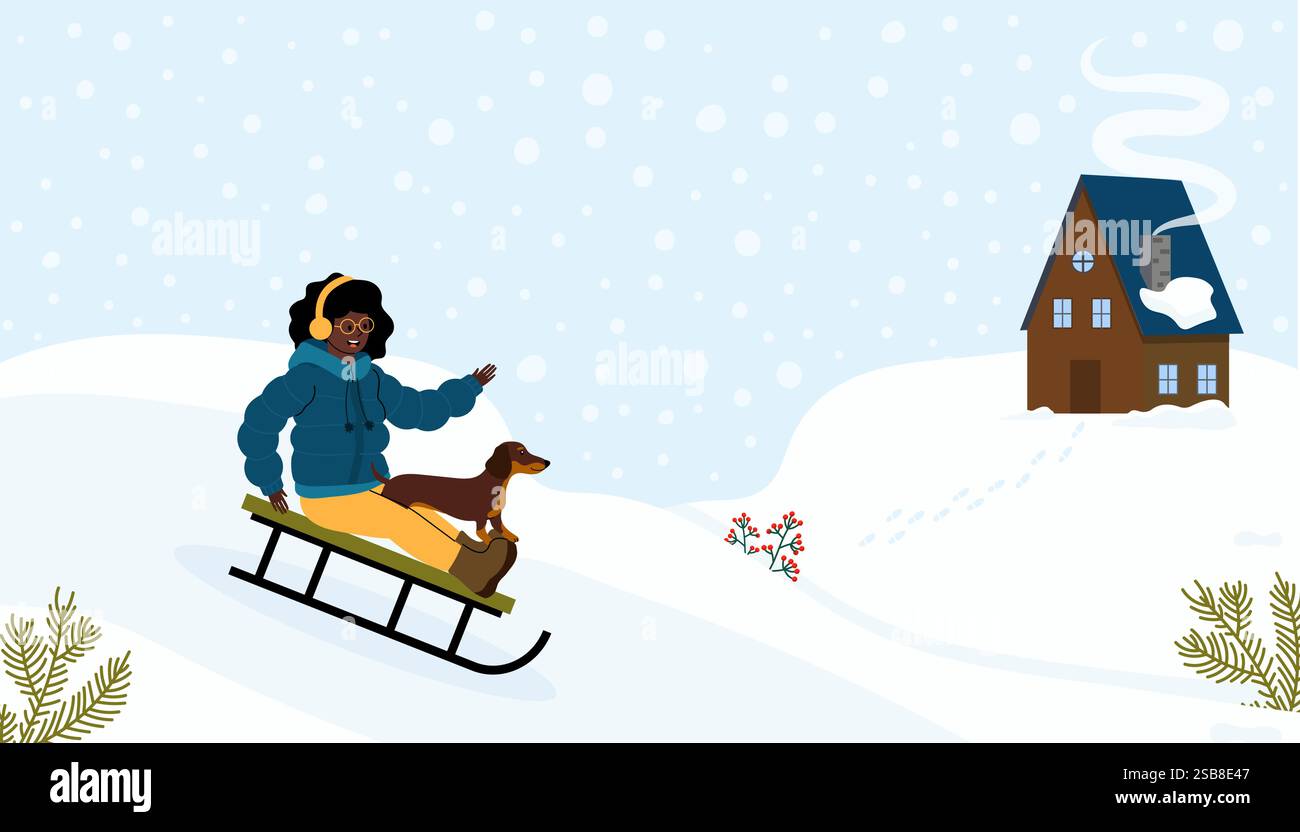 Fun winter day of sledding with a dog in a snowy landscape near a cozy ...