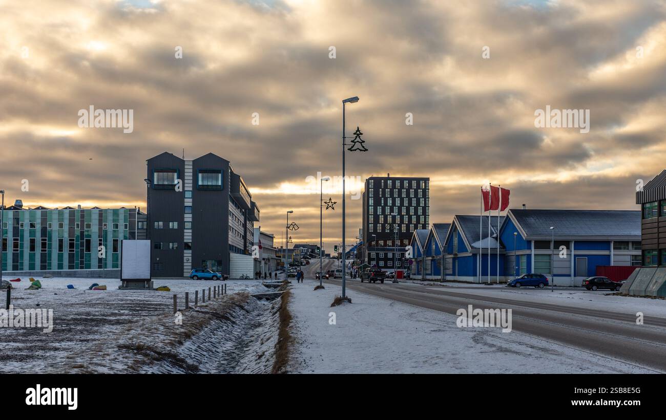 Downtown modern buildings and Aqqusinersuaq the main street of Nuuk ...