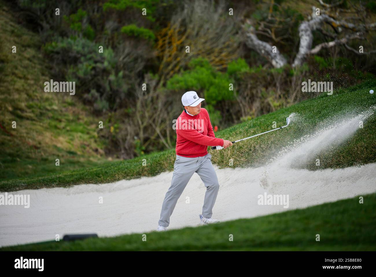 PEBBLE BEACH, CA - JANUARY 30: Ping Duan hits a bunker shot during ...