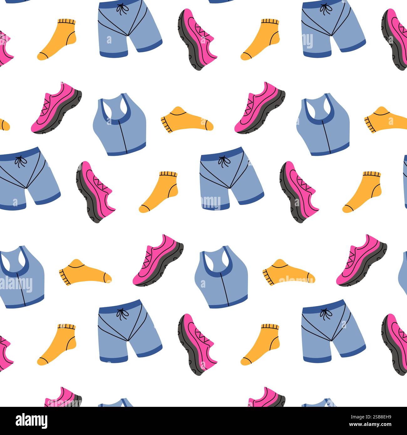 Pattern featuring athletic wear and accessories in vibrant colors on a ...