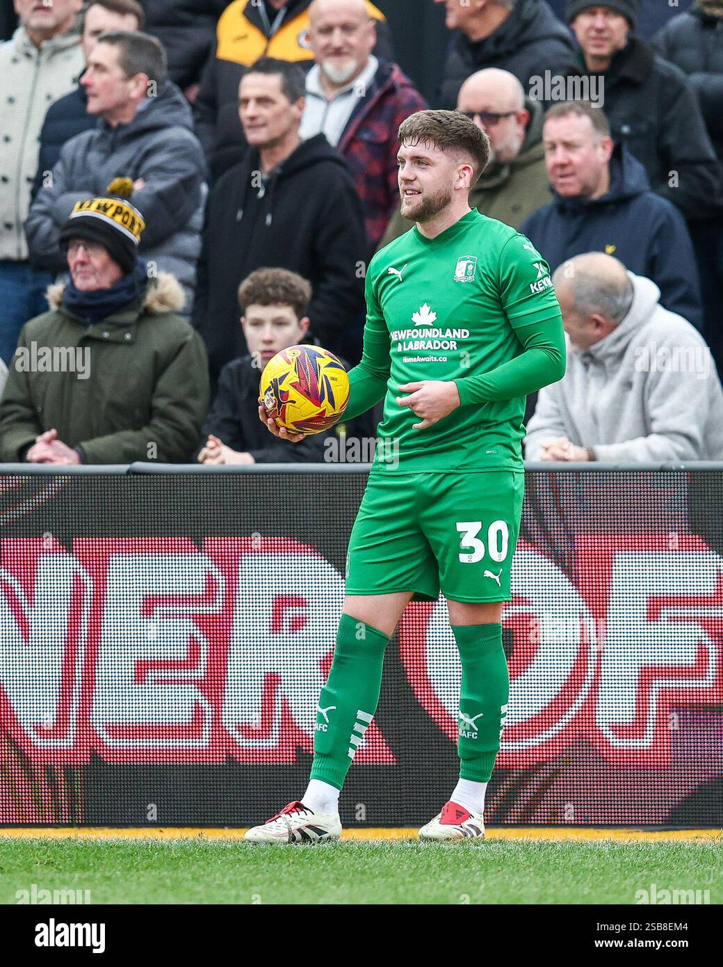 Newport, UK. 1st Feb 2025. #30, Ben Jackson of Barrow AFC with the ball ...