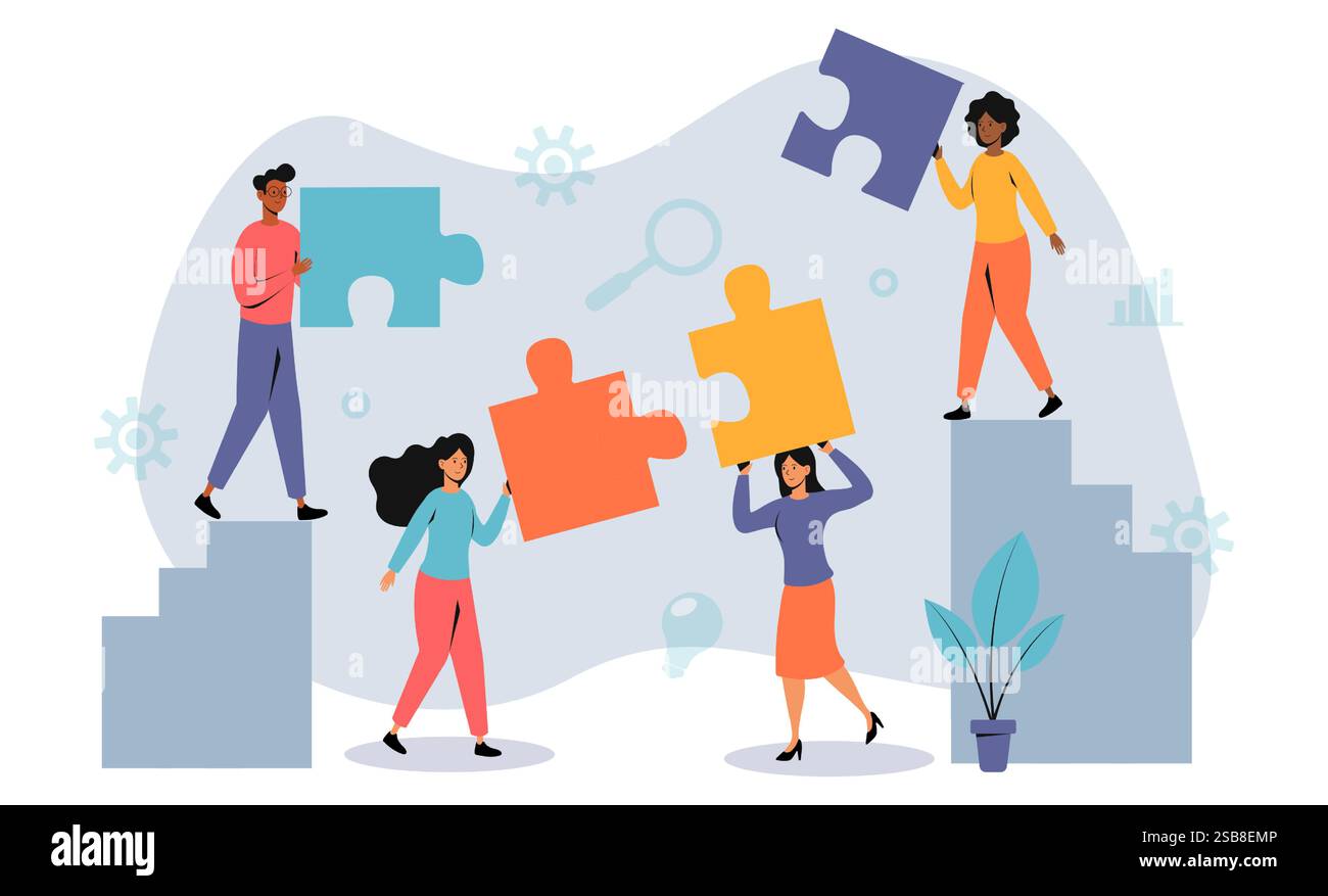Diverse individuals collaborate on a giant puzzle in a creative ...