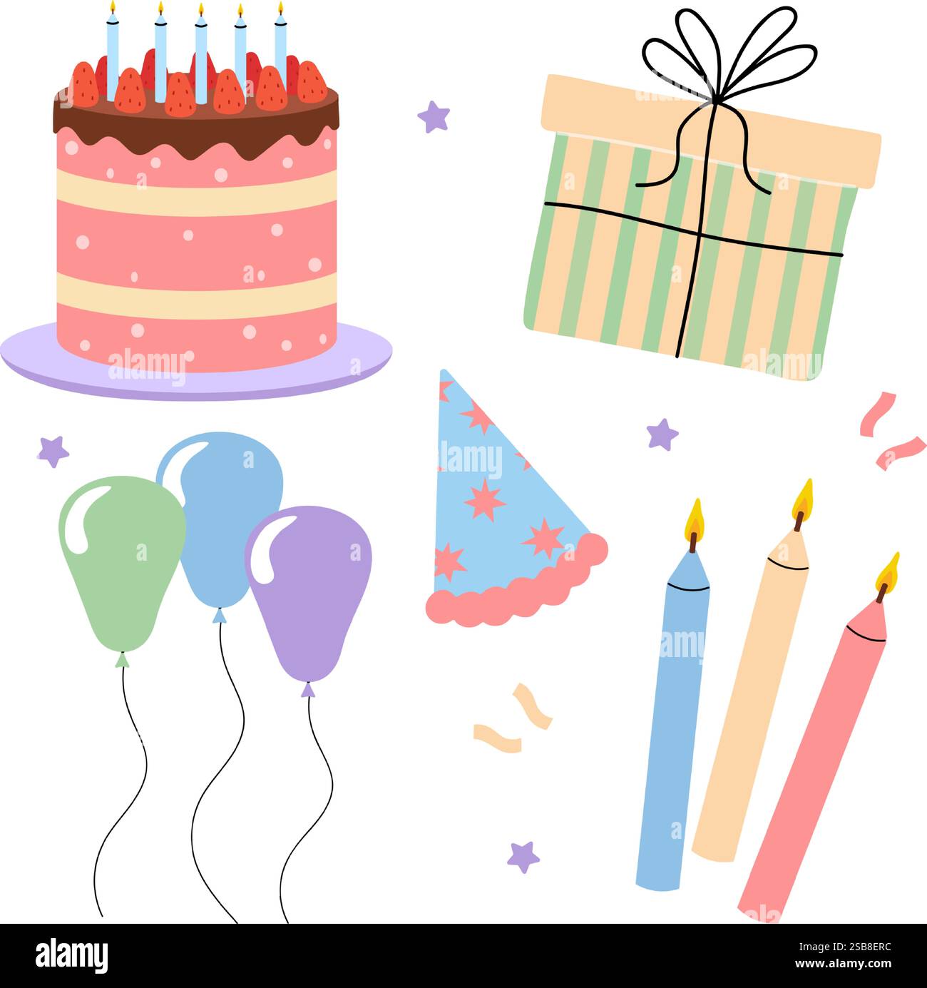 Colorful birthday celebration elements with cake, balloons, and candles ...