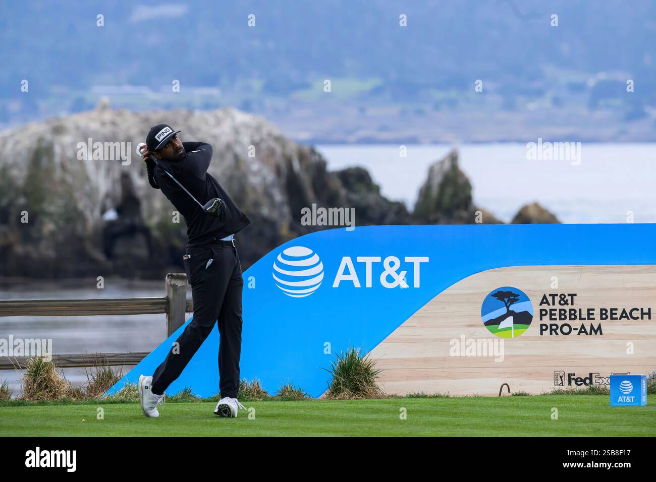 PEBBLE BEACH, CA - JANUARY 30: Sahith Theegala tees off on 18 during ...