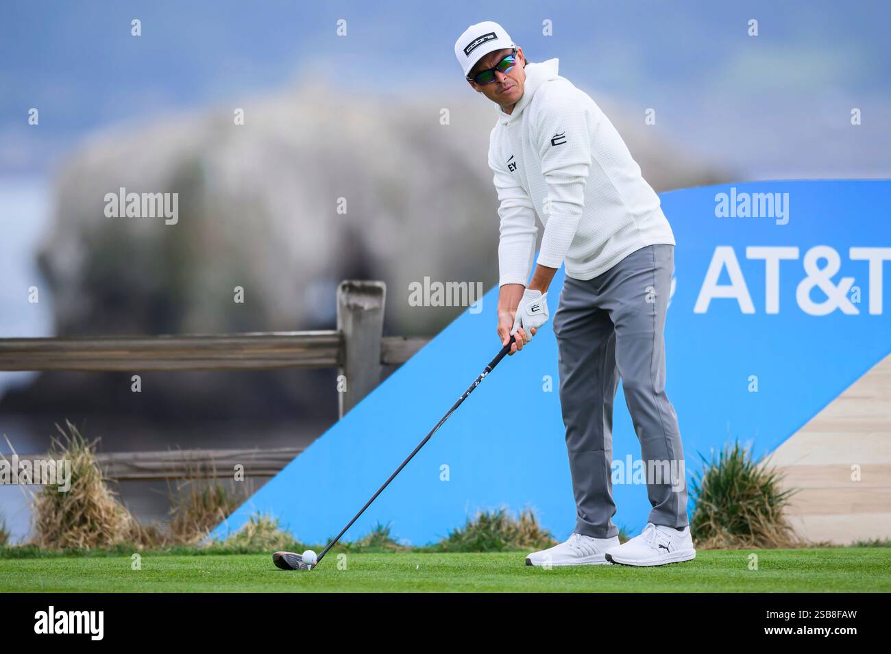 PEBBLE BEACH, CA - JANUARY 30: Rickie Fowler tees off on the 18th tee ...