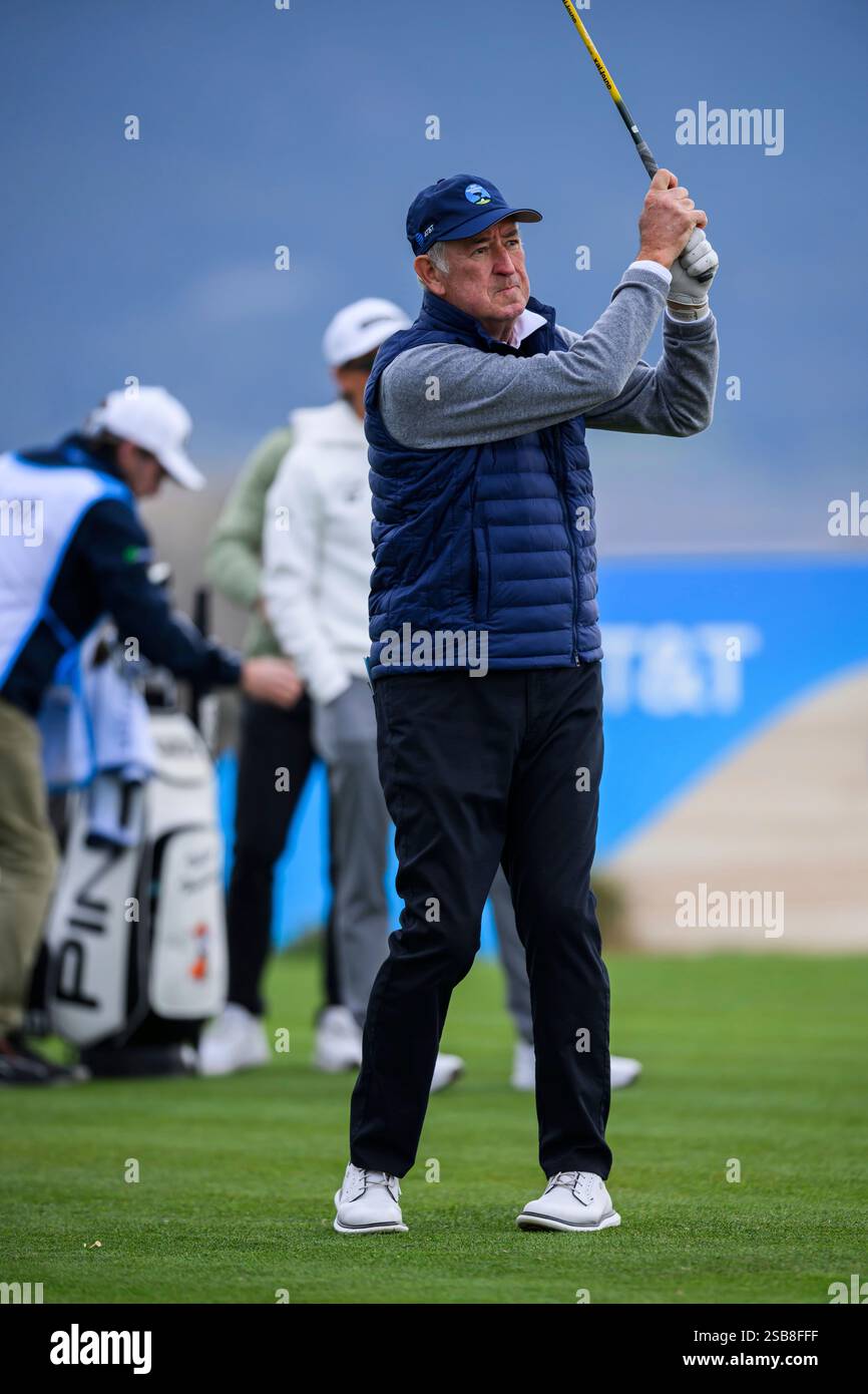 PEBBLE BEACH, CA - JANUARY 30: David Dorman tees off on the 18th tee ...