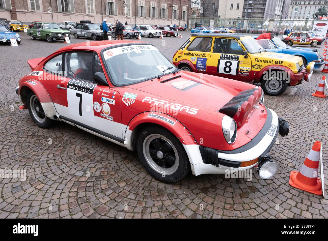 Turin, Italy. December 31, 2025.Classic Cars line up for the Rallye ...