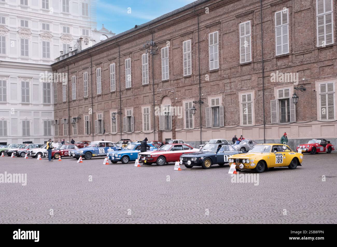Turin, Italy. December 31, 2025.Classic Cars line up for the Rallye ...
