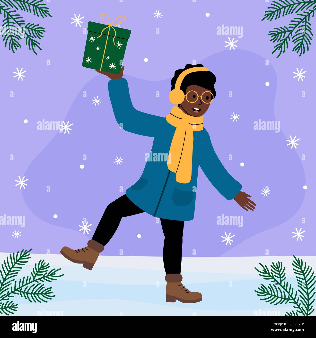 Child celebrates winter with a gift in hand, enjoying the snowy ...